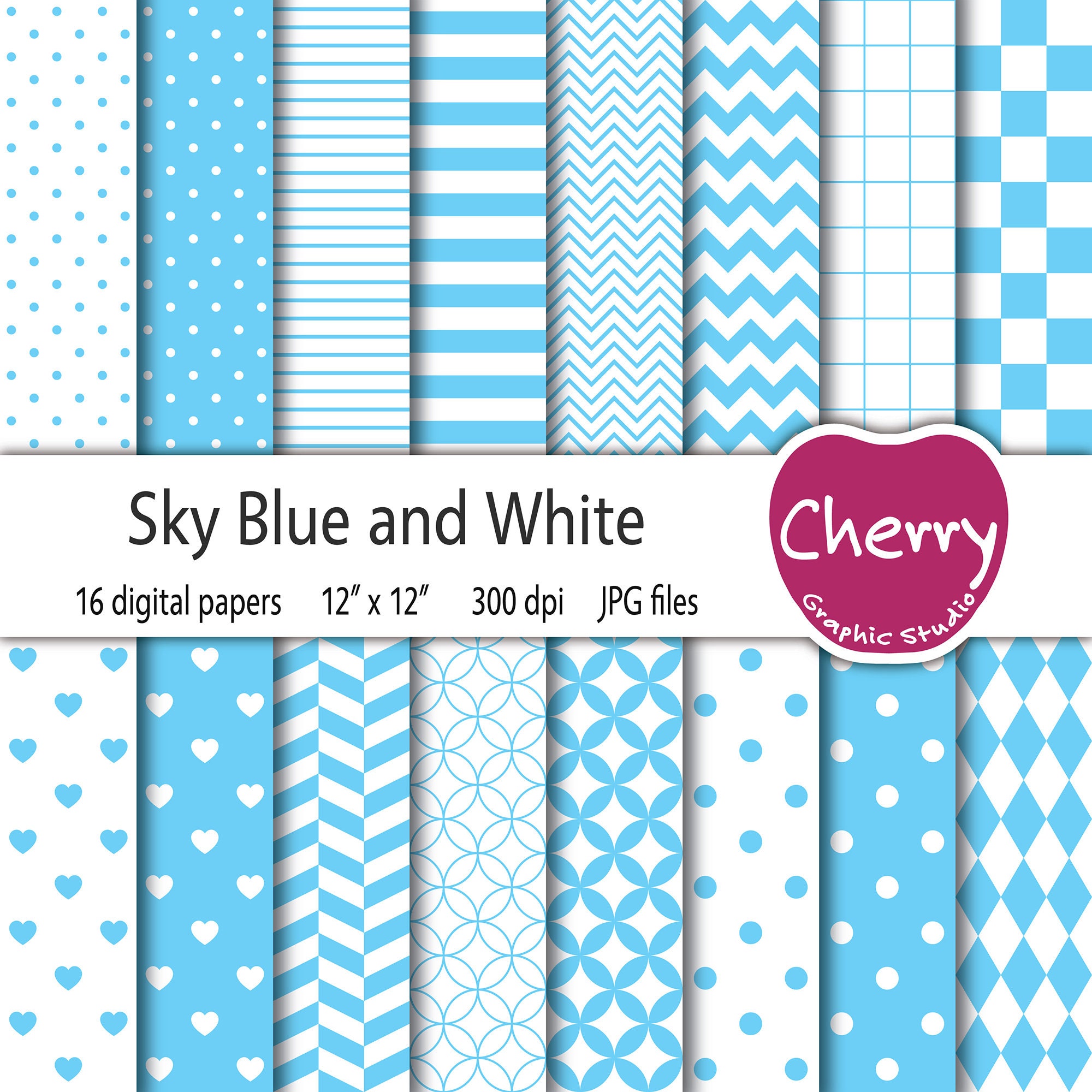 Sky Blue and White Digital Paper, Sky Blue Pattern, Blue Paper Pack ...