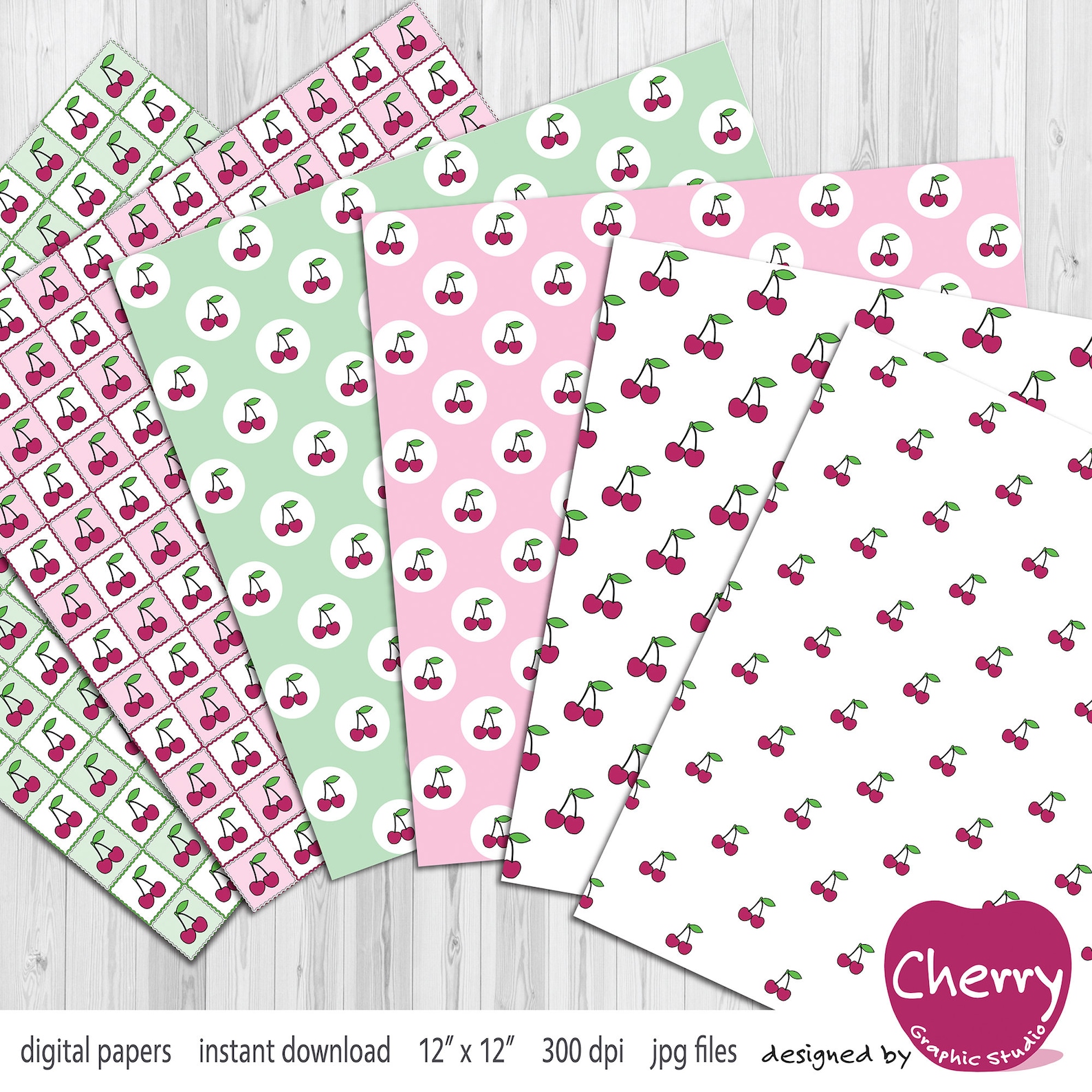 Cherry Digital Paper, Cherry Pattern, Cherry Paper Pack, Scrapbook ...