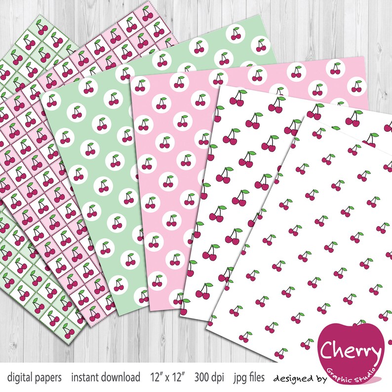Cherry Digital Paper, Cherry Pattern, Cherry Paper Pack, Scrapbook ...