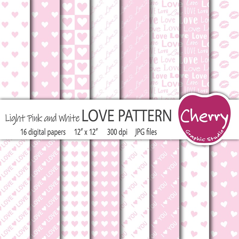 Light Pink and White Love Digital Paper, Love Pattern, Love & Heart ...