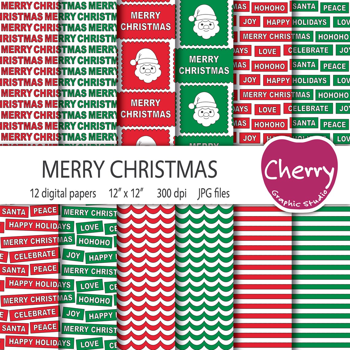 Merry Christmas Digital Paper, Red and Green Christmas Digital Paper ...