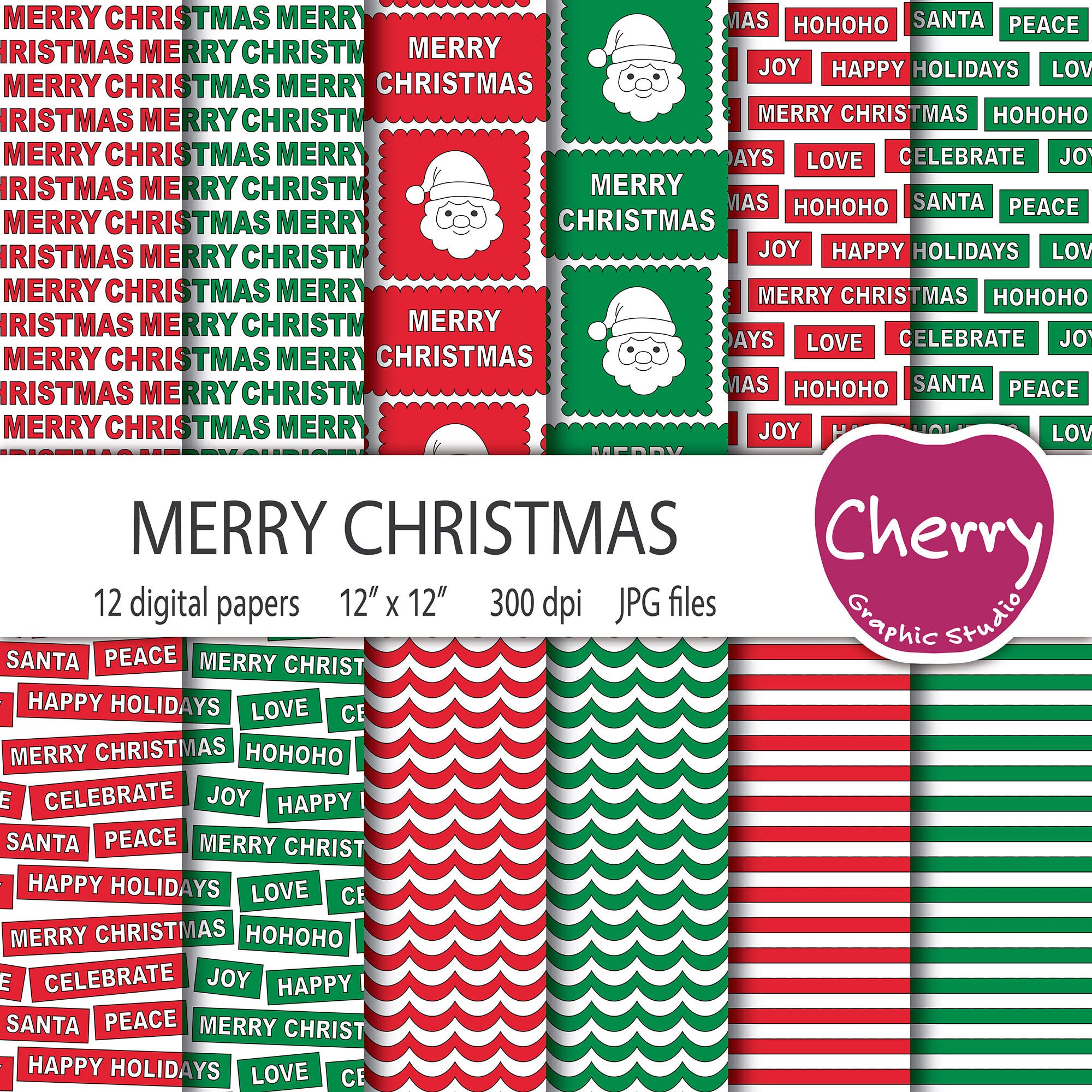 Merry Christmas Digital Paper, Red and Green Christmas Digital Paper ...