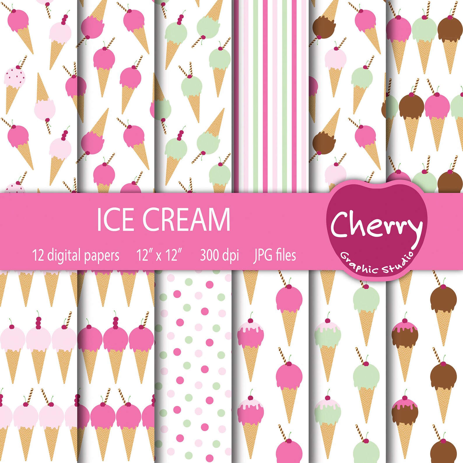 Ice Cream Digital Paper, Ice Cream Pattern, Ice Cream Paper Pack ...