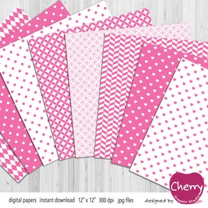 Pink and White Digital Paper Pack, Scrapbook Papers, Seamless Patterns ...
