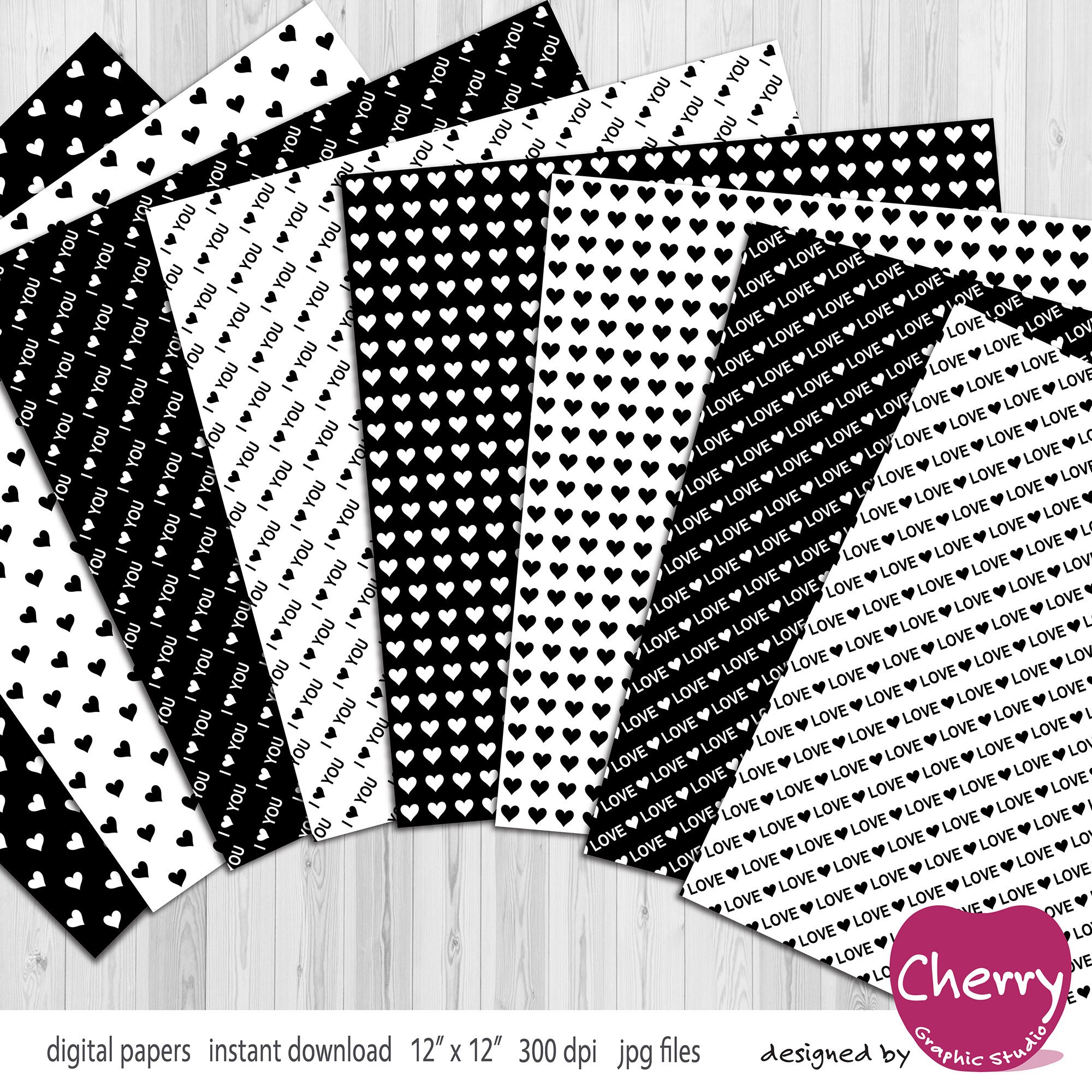 Black and White Love Digital Paper, Love Pattern, Love & Heart Paper ...