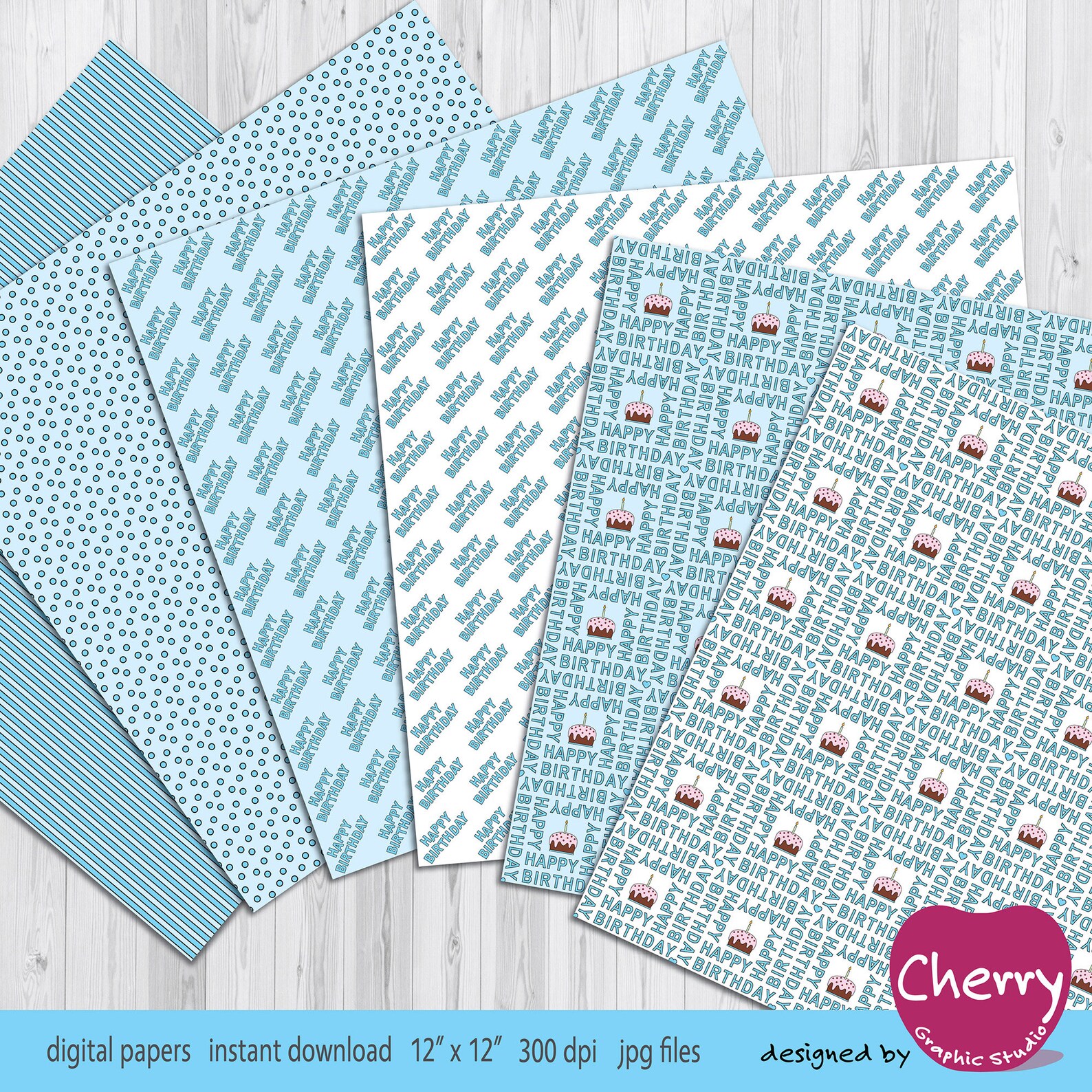 Happy Birthday Digital Paper, Blue Birthday Digital Paper, Happy ...