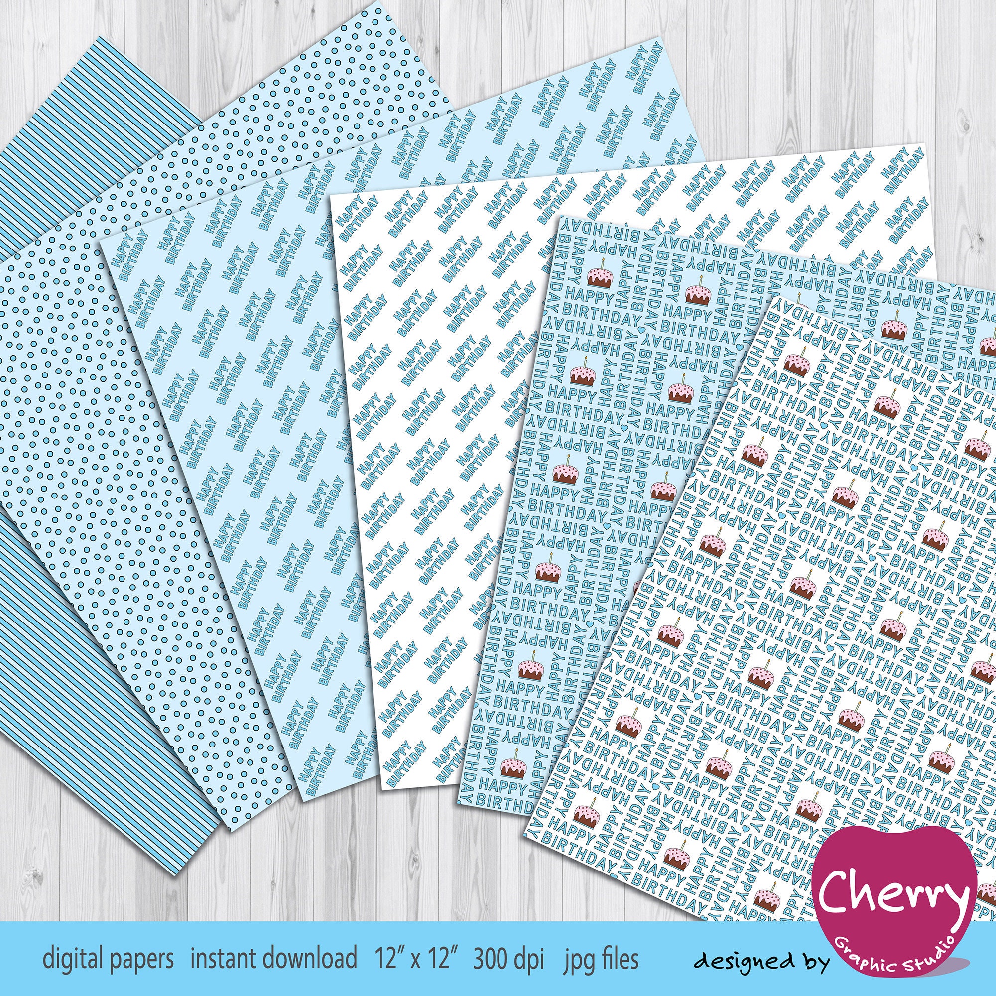 Happy Birthday Digital Paper, Blue Birthday Digital Paper, Happy ...
