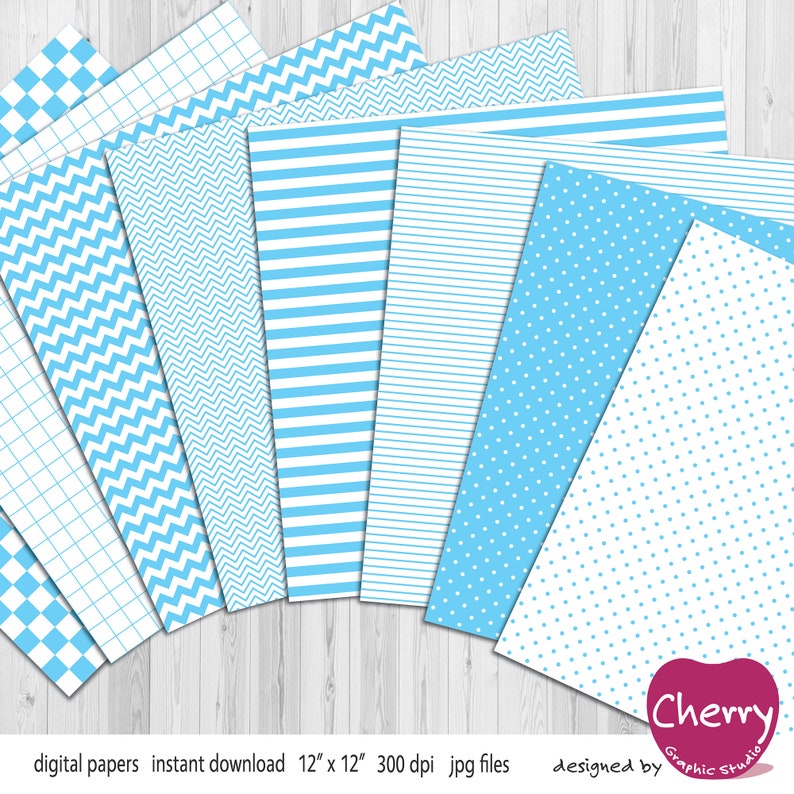 Sky Blue and White Digital Paper, Sky Blue Pattern, Blue Paper Pack ...
