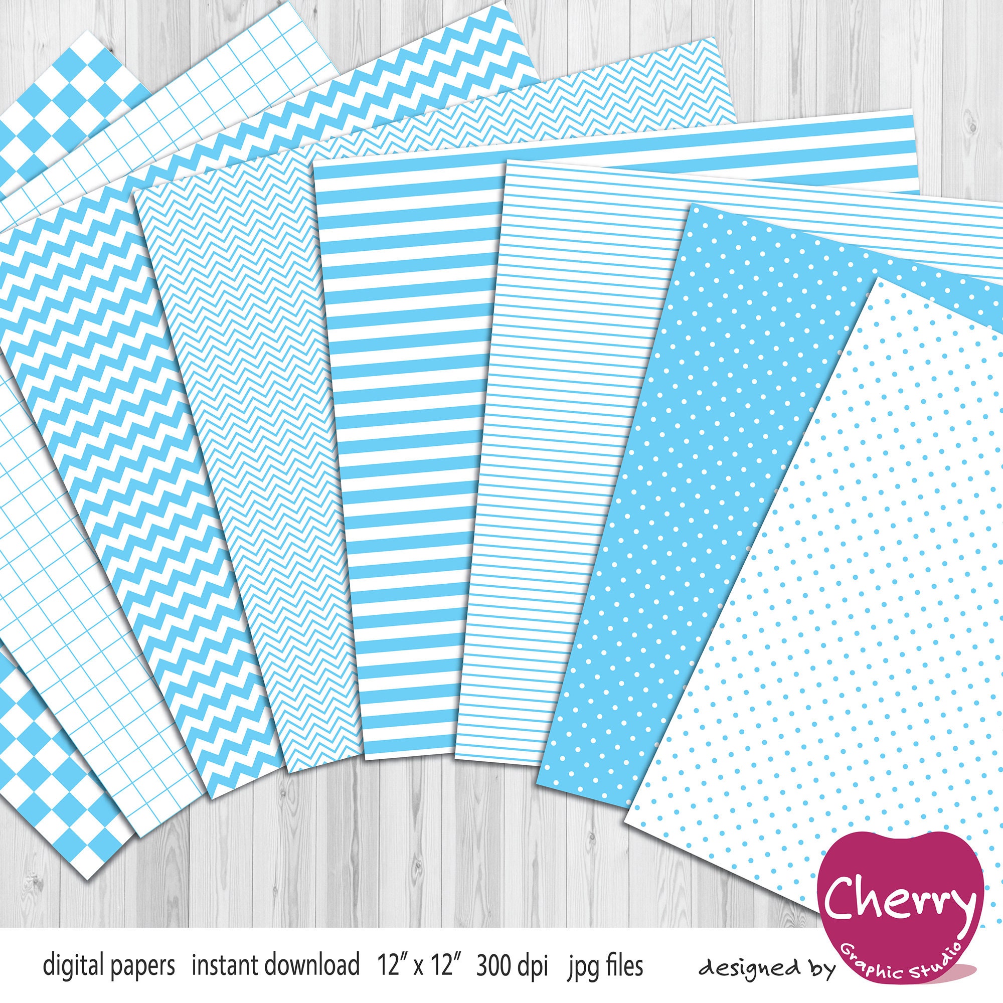 Sky Blue and White Digital Paper, Sky Blue Pattern, Blue Paper Pack ...