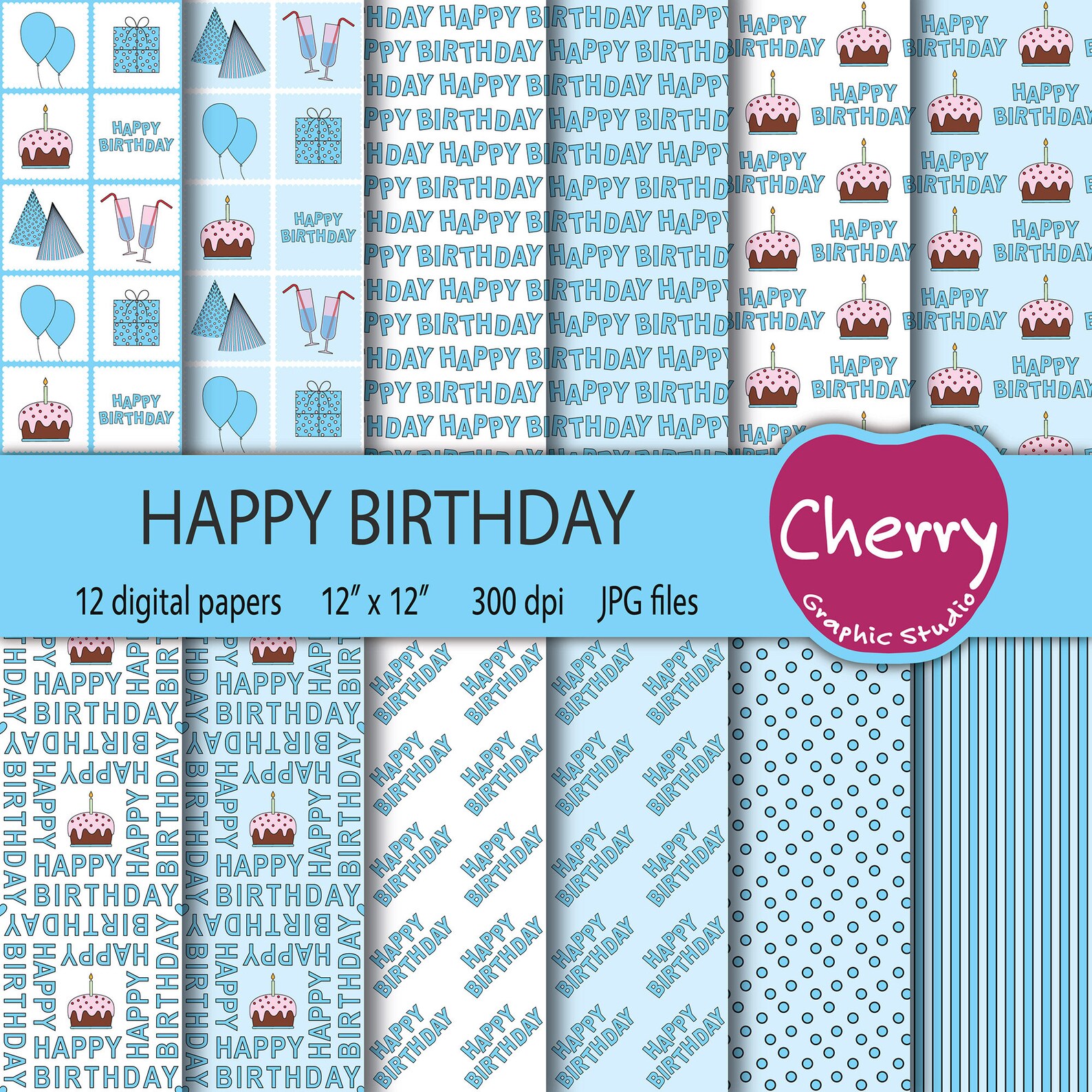Happy Birthday Digital Paper, Blue Birthday Digital Paper, Happy ...