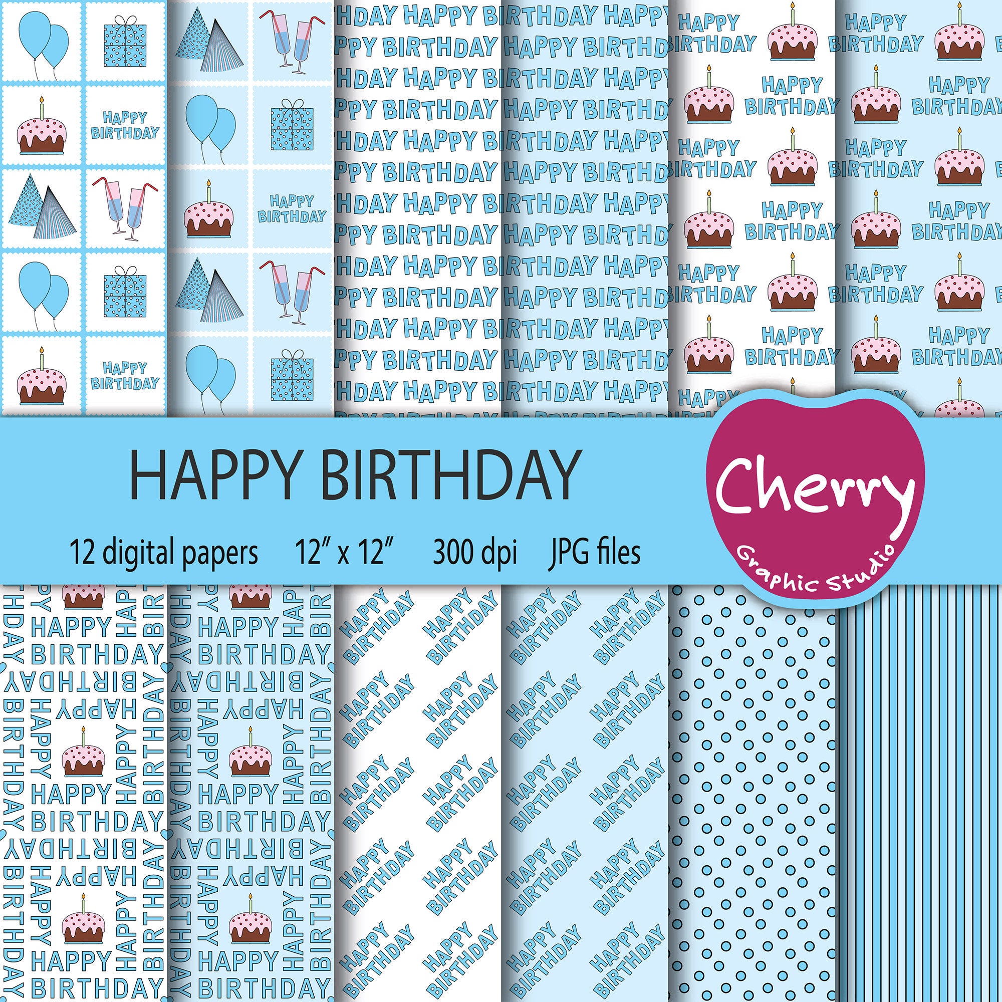 Happy Birthday Digital Paper, Blue Birthday Digital Paper, Happy ...