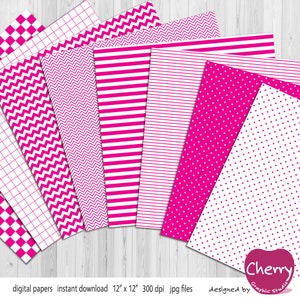 Hot Pink and White Digital Paper, Hot Pink Pattern, Pink Digital Paper ...