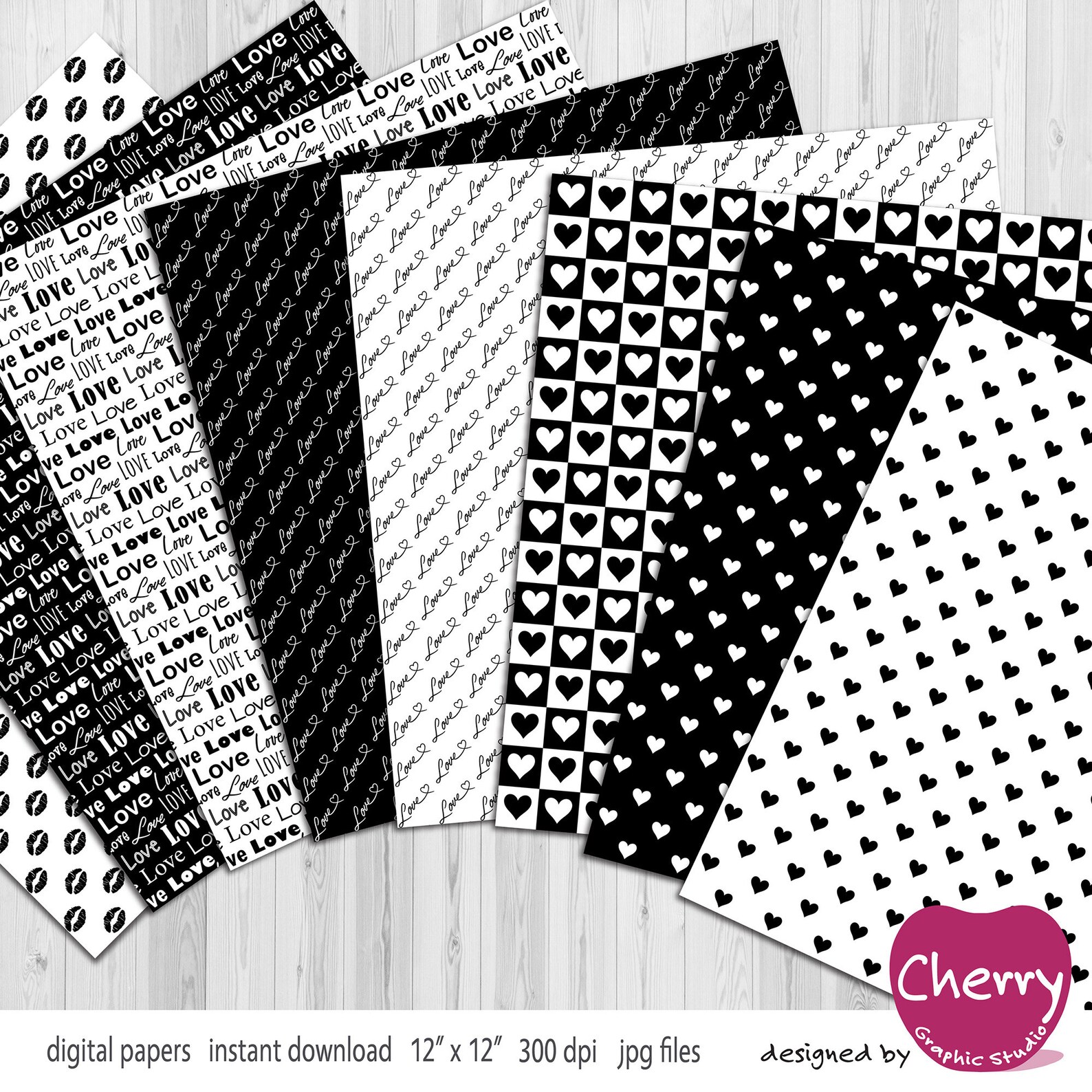 Black and White Love Digital Paper, Love Pattern, Love & Heart Paper ...