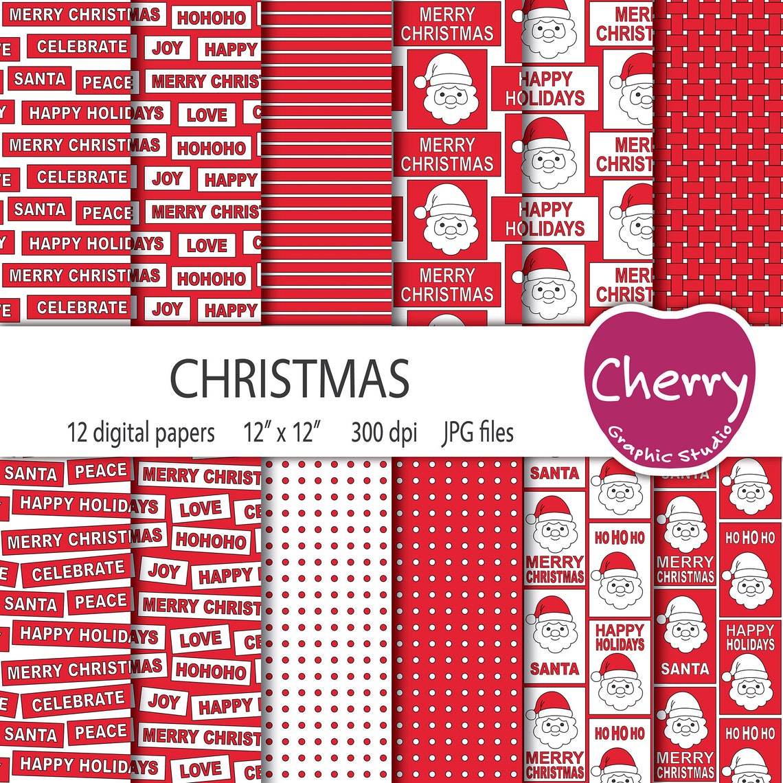 Christmas Digital Paper, Red Christmas Pattern, Red and White Christmas ...