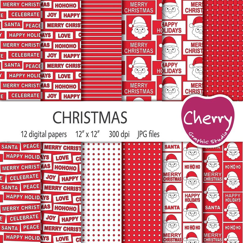 Christmas Digital Paper, Red Christmas Pattern, Red and White Christmas ...