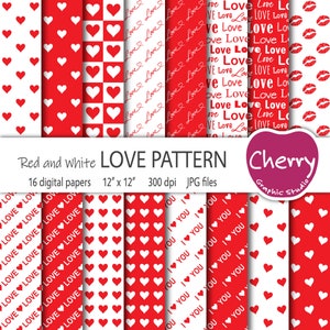 Red and White Love Digital Paper, Love Pattern, Love & Heart Paper Pack ...