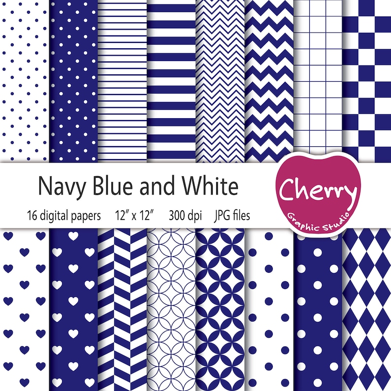 Navy Blue and White Digital Paper, Navy Blue Pattern, Blue Paper Pack ...