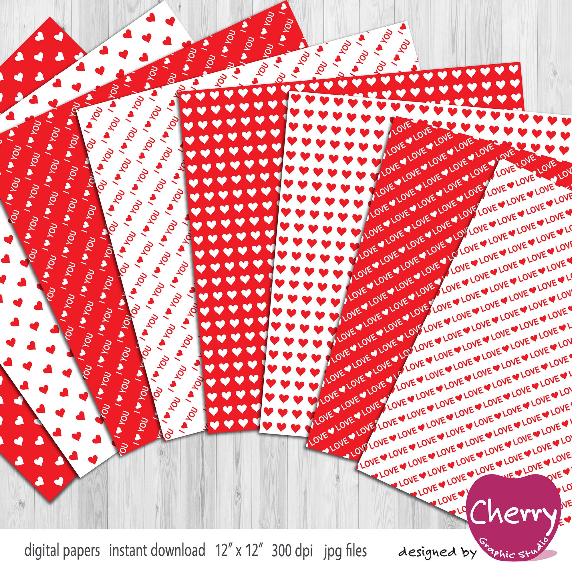 Red and White Love Digital Paper, Love Pattern, Love & Heart Paper Pack ...