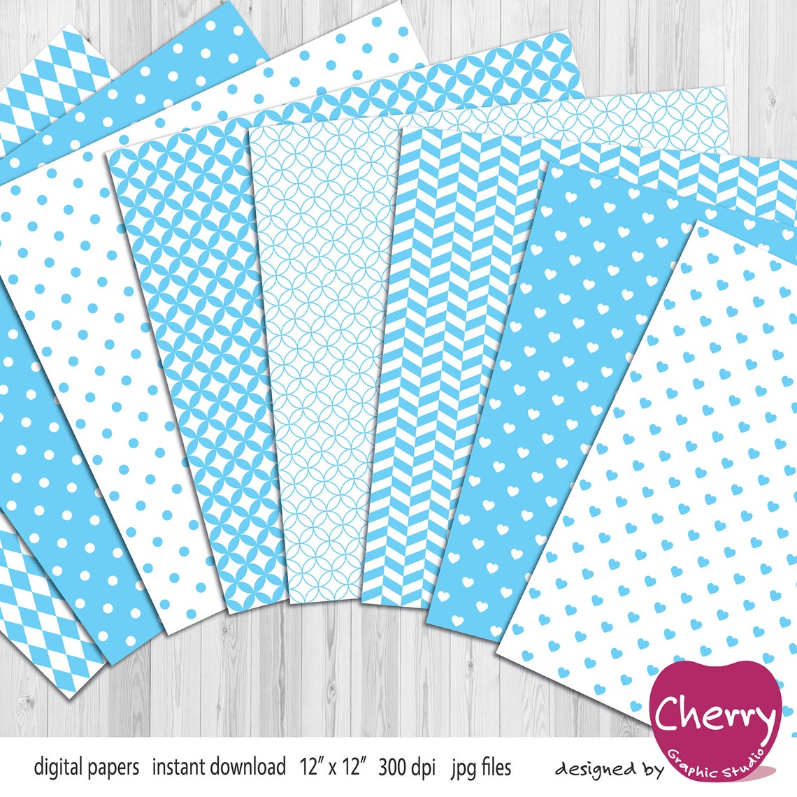 Sky Blue and White Digital Paper, Sky Blue Pattern, Blue Paper Pack ...