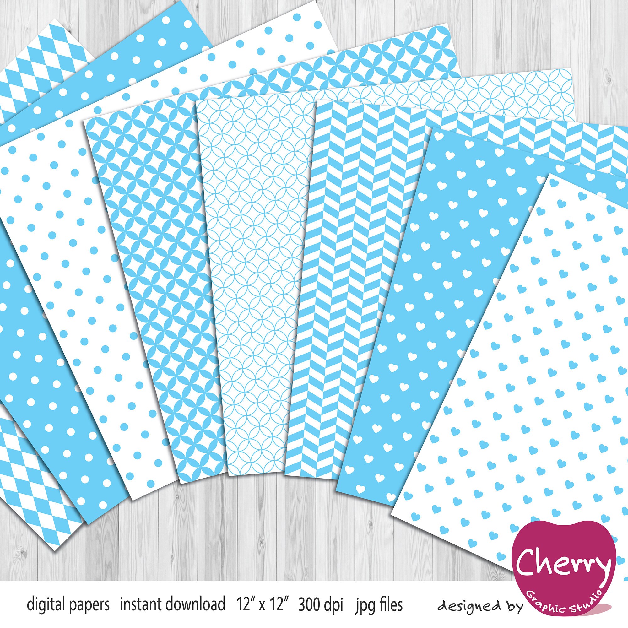 Sky Blue and White Digital Paper, Sky Blue Pattern, Blue Paper Pack ...