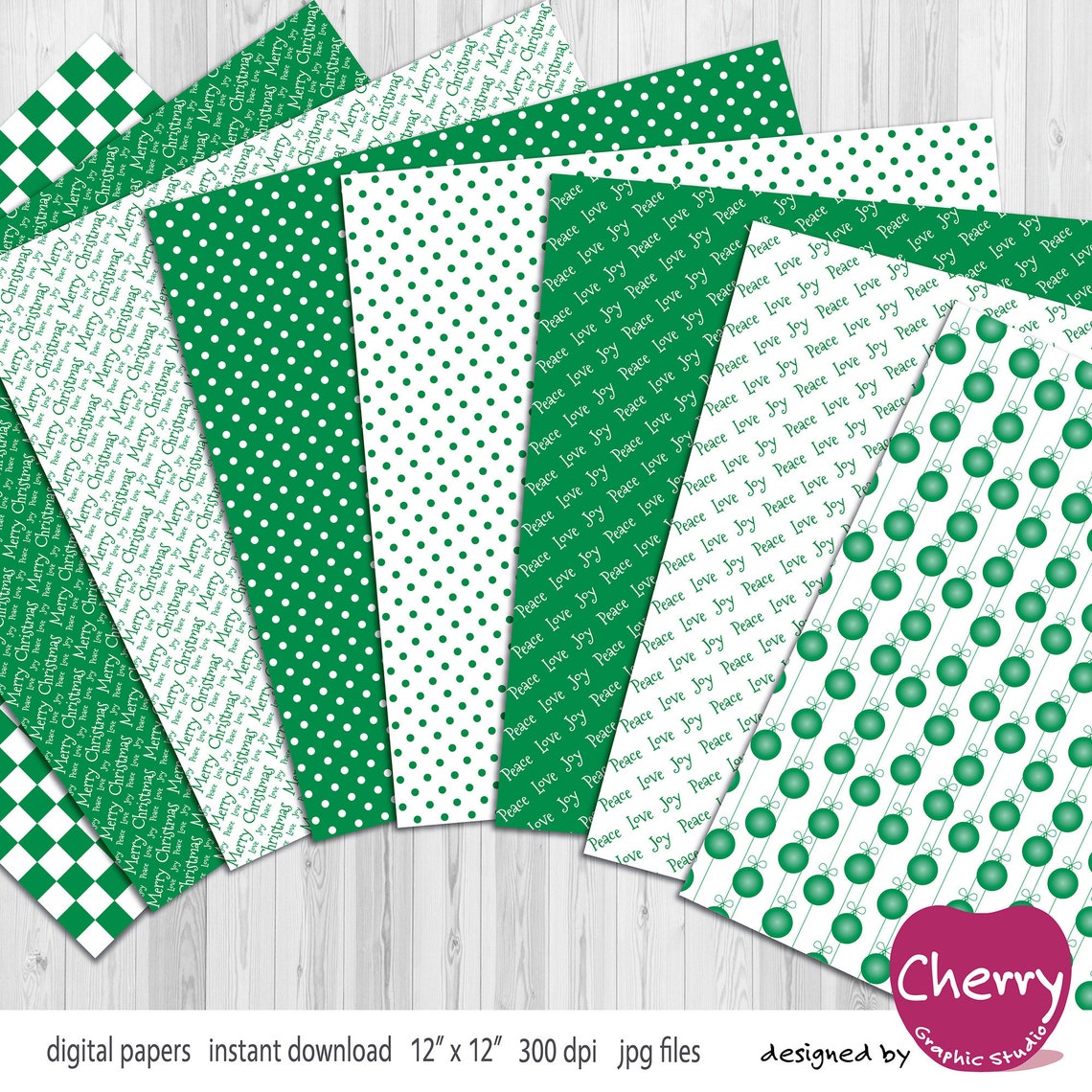 Christmas Green Digital Paper, Green Pattern, Christmas Typography ...