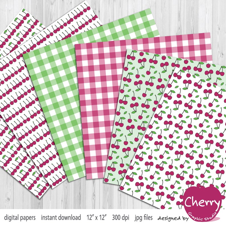 Cherry Digital Paper, Cherry Pattern, Cherry Paper Pack, Scrapbook ...