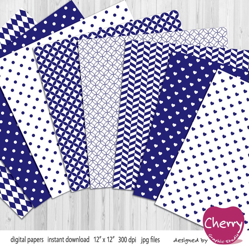Navy Blue and White Digital Paper, Navy Blue Pattern, Blue Paper Pack ...
