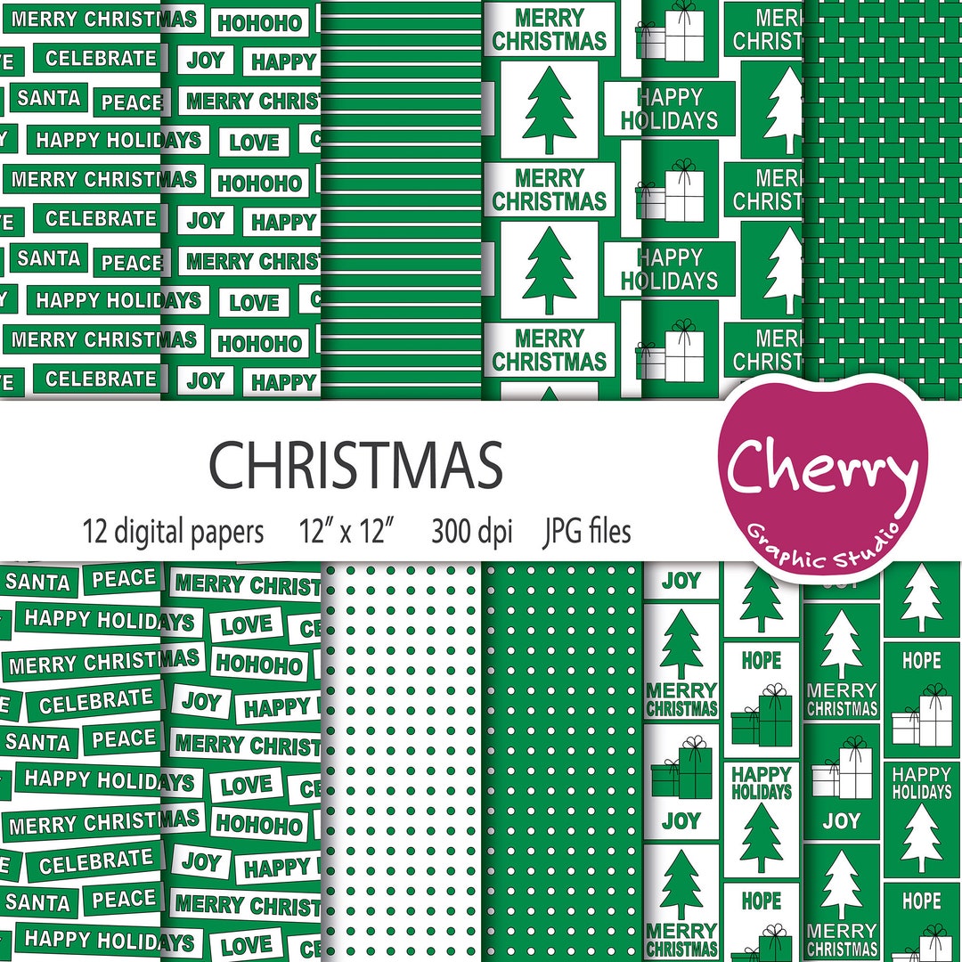 Christmas Digital Paper, Green Christmas Pattern, Green and White ...