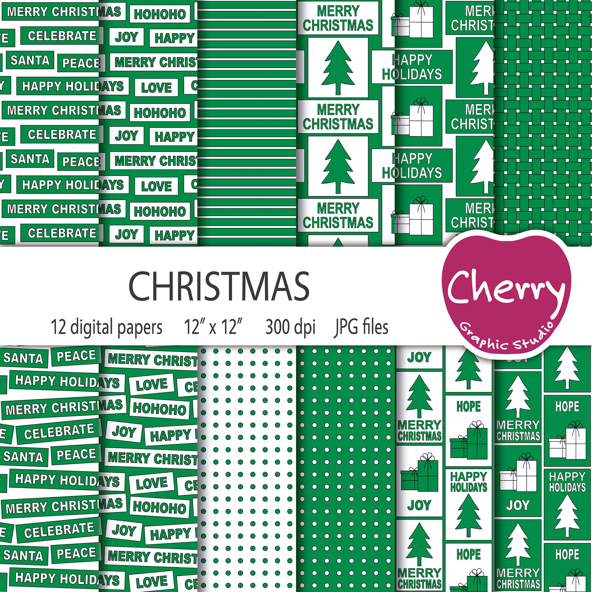Christmas Digital Paper, Green Christmas Pattern, Green and White ...