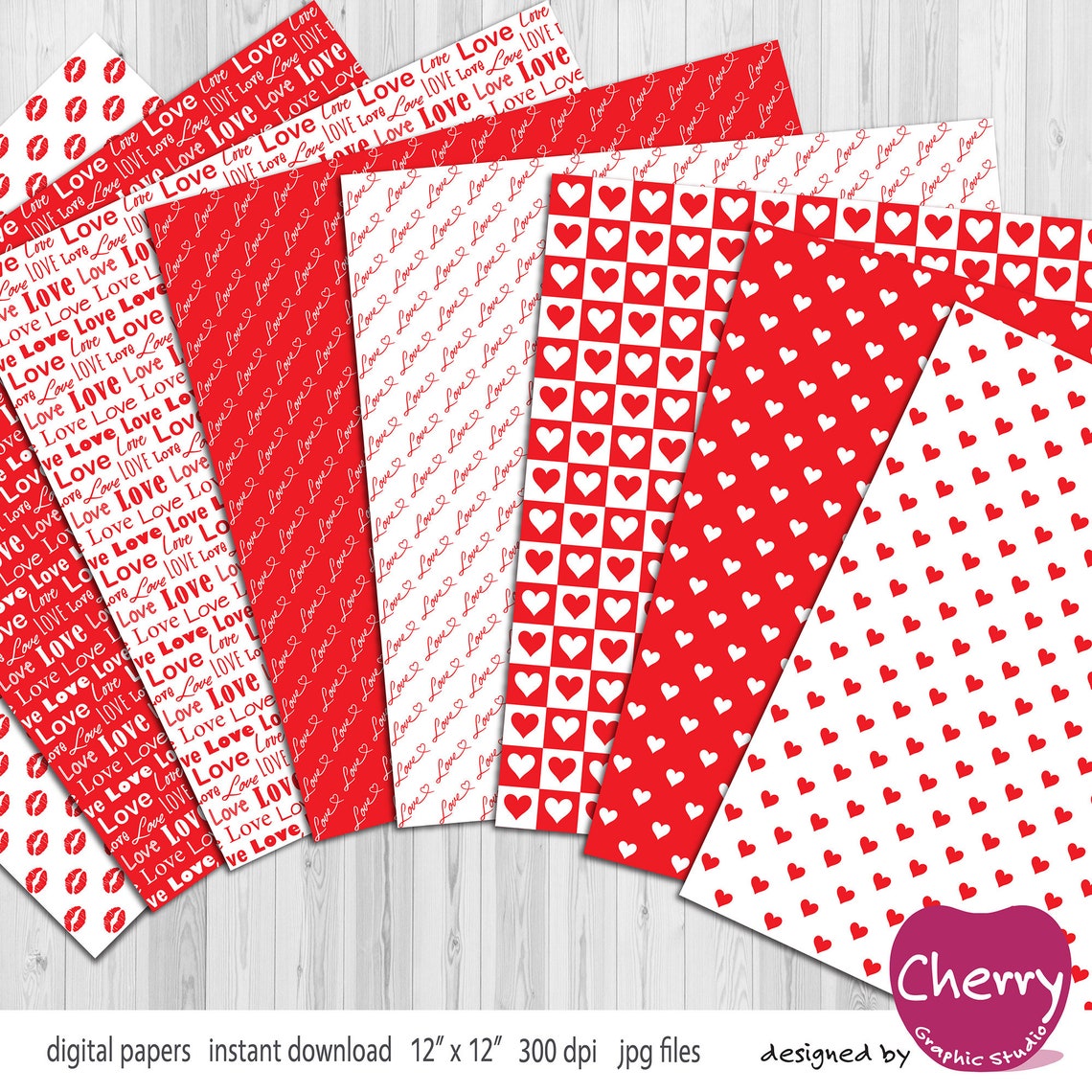 Red and White Love Digital Paper, Love Pattern, Love & Heart Paper Pack ...
