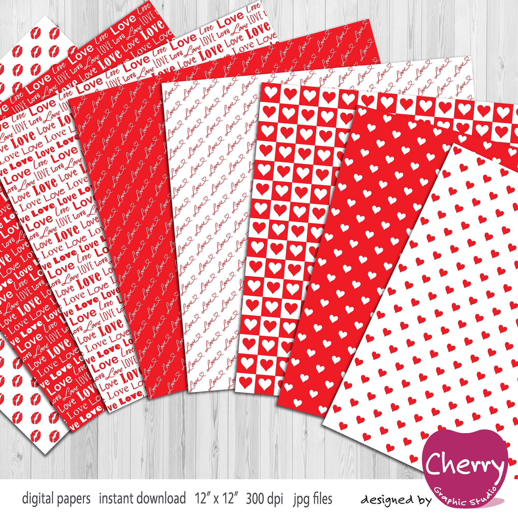 Red and White Love Digital Paper, Love Pattern, Love & Heart Paper Pack ...