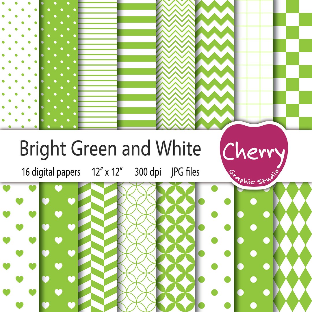 Bright Green and White Digital Paper, Green Pattern, Green Paper Pack ...