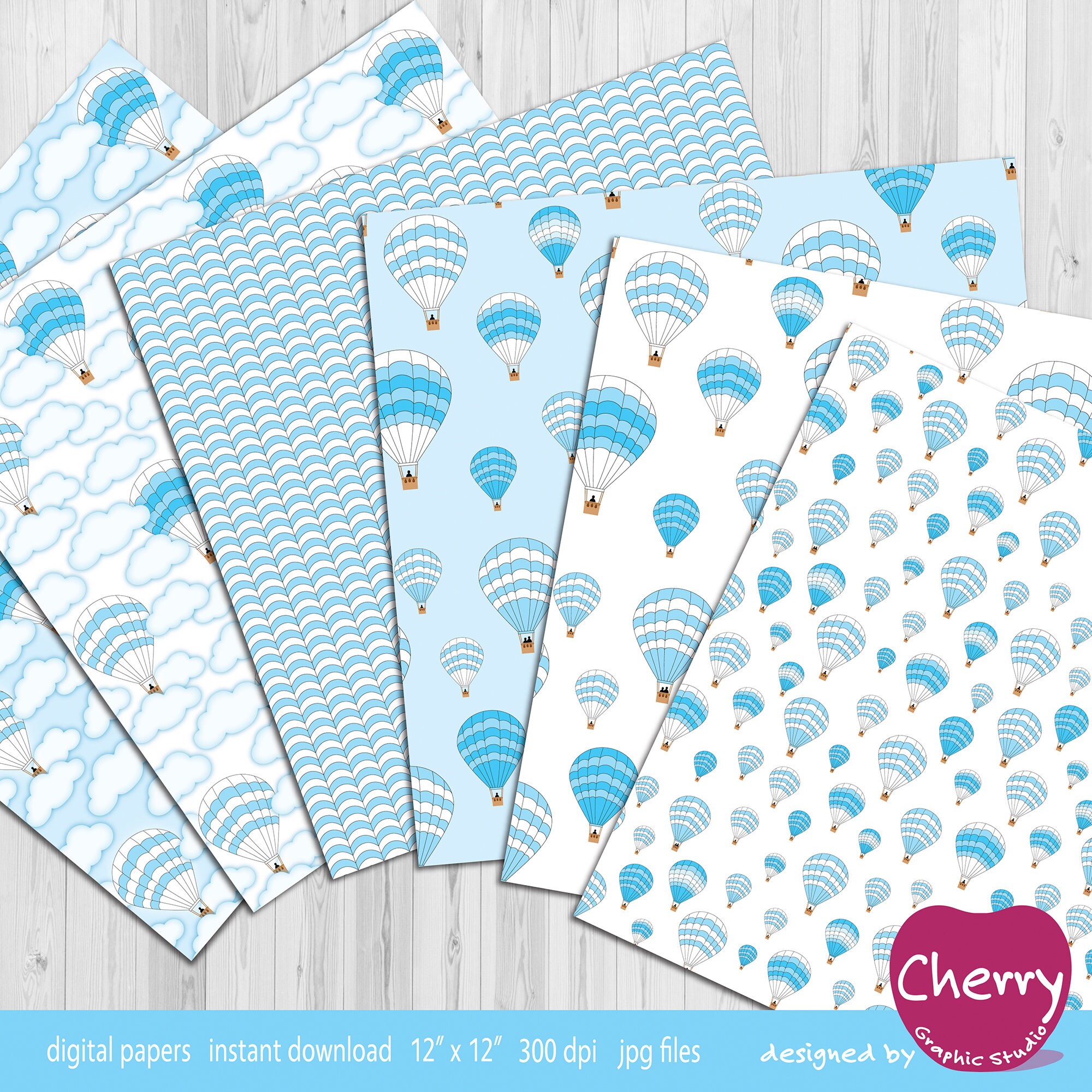 Blue Hot Air Balloon Digital Paper, Hot Air Balloon Pattern, Hot Air ...