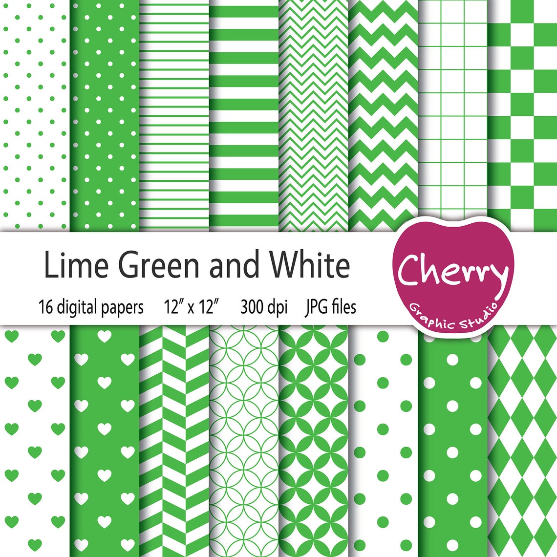 Lime Green and White Digital Paper Pack, Scrapbook Papers, Seamless ...