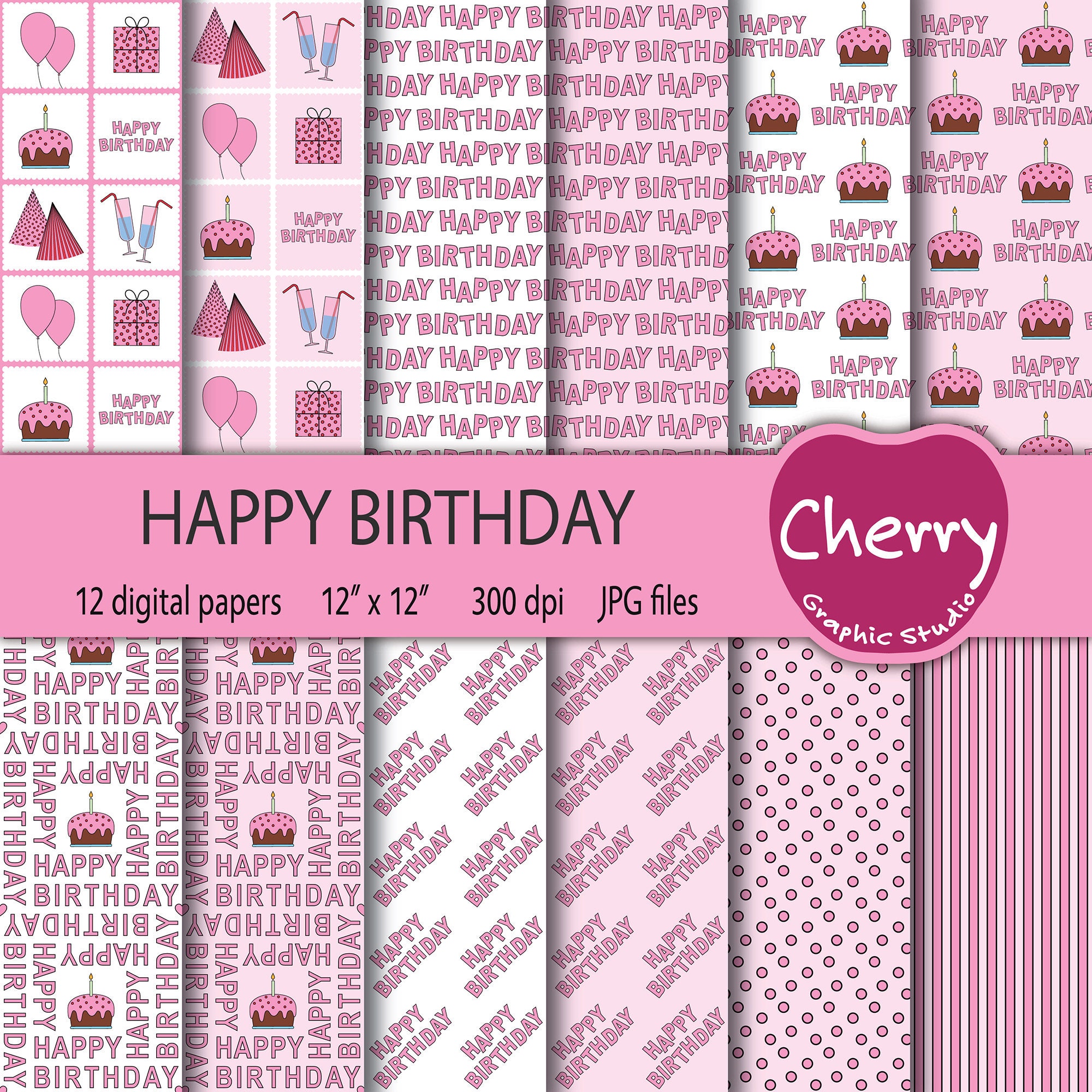Happy Birthday Digital Paper, Pink Birthday Digital Paper, Happy ...