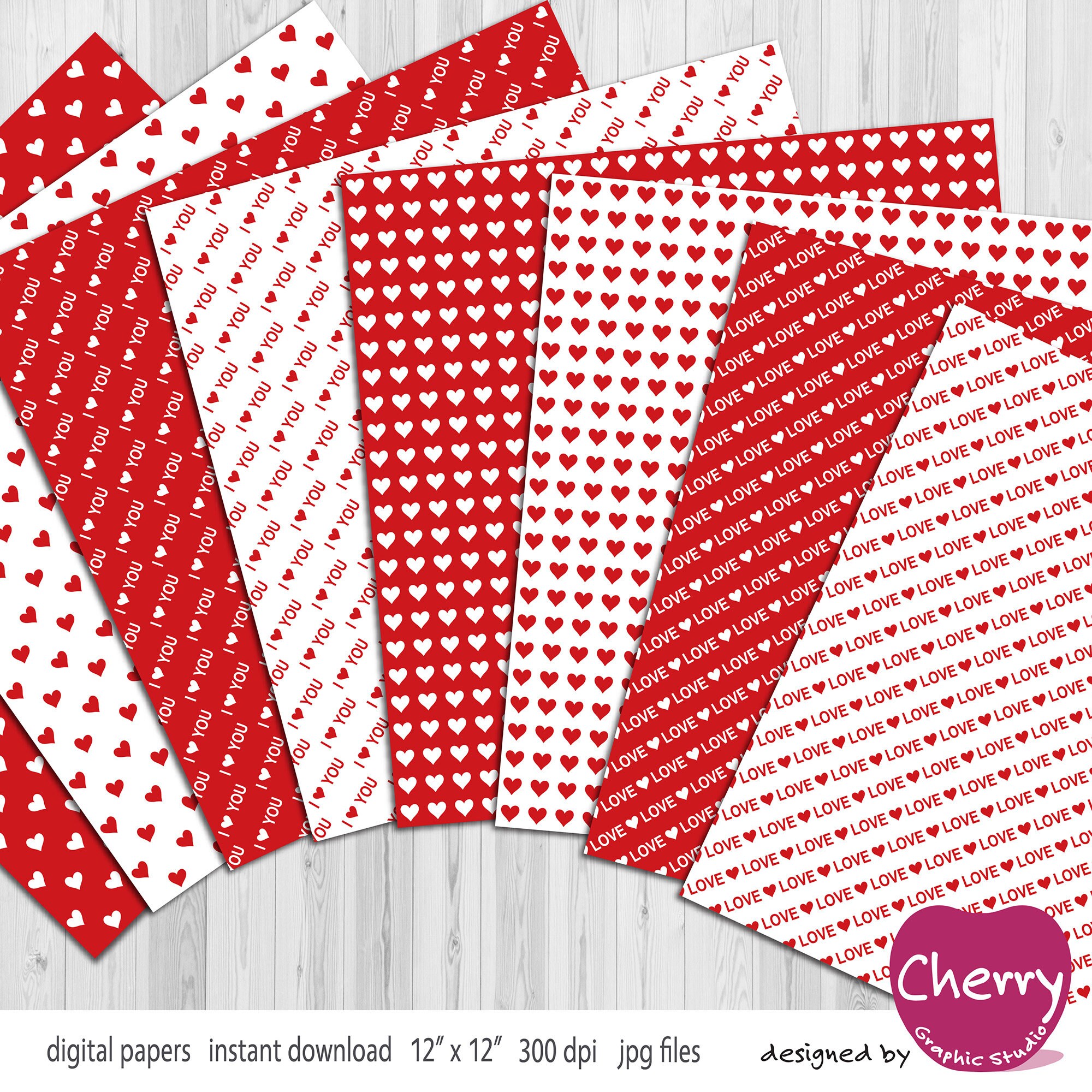Dark Red and White Love Digital Paper, Love Pattern, Love & Heart Paper ...