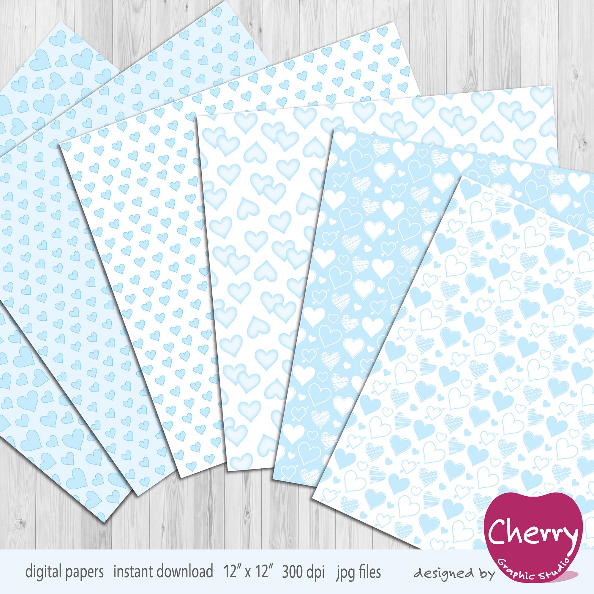 Blue Heart Digital Paper, Baby Blue Heart Pattern, Heart Paper Pack ...