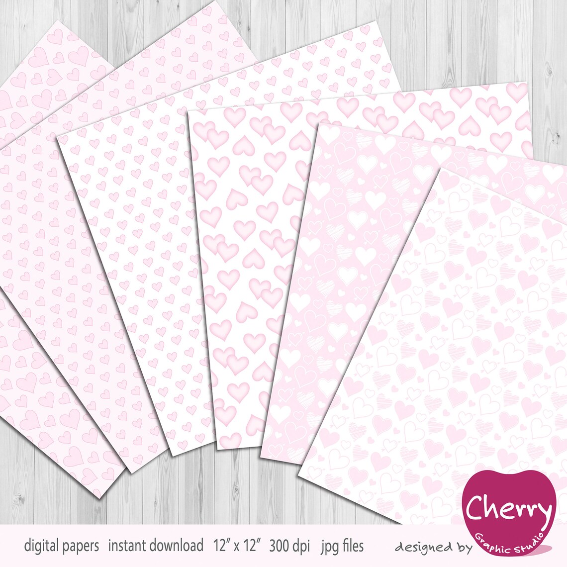 Pink Heart Digital Paper, Light Pink Heart Pattern, Heart Paper Pack ...