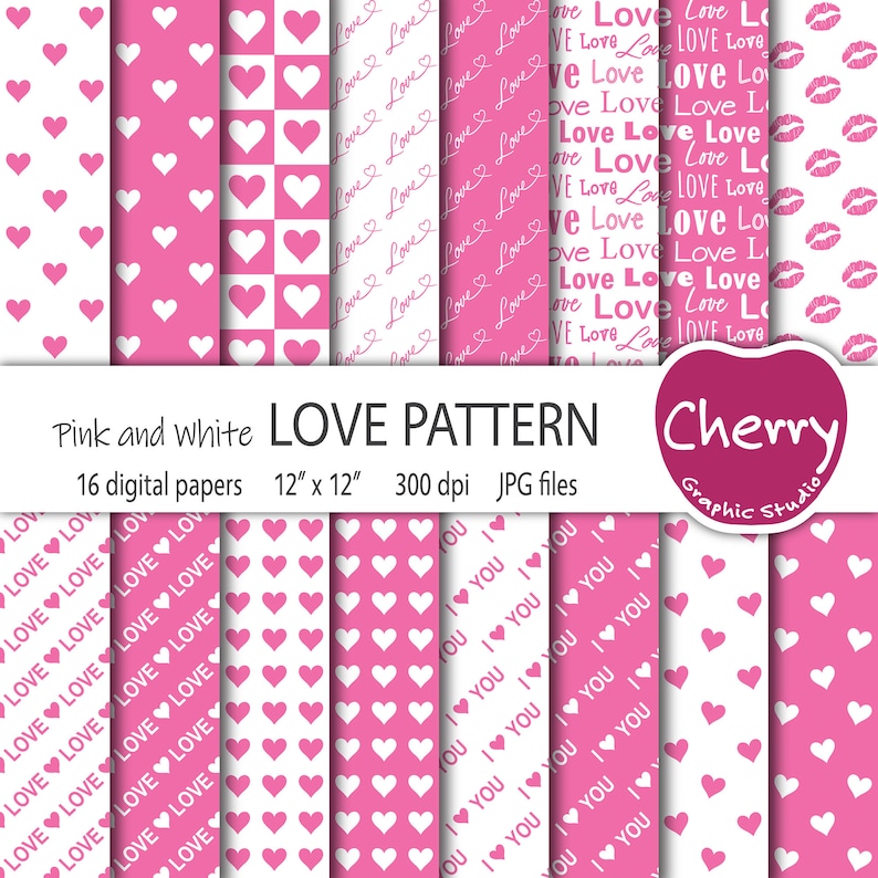 Pink and White Love Digital Paper, Love Pattern, Love & Heart Paper ...