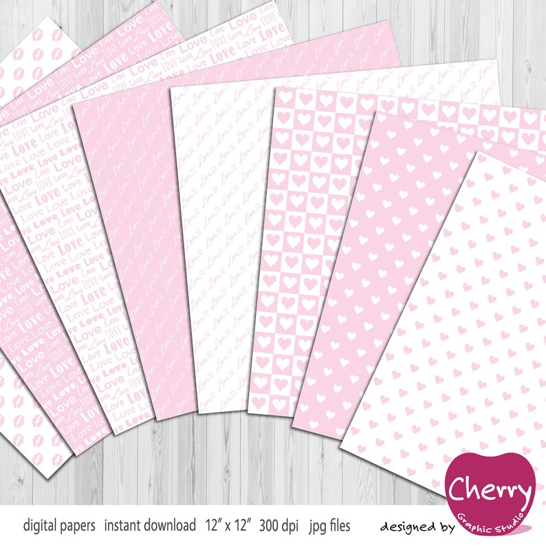 Light Pink and White Love Digital Paper, Love Pattern, Love & Heart ...