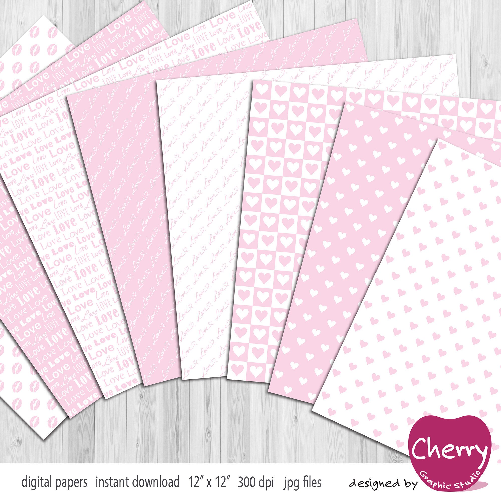 Light Pink and White Love Digital Paper, Love Pattern, Love & Heart ...