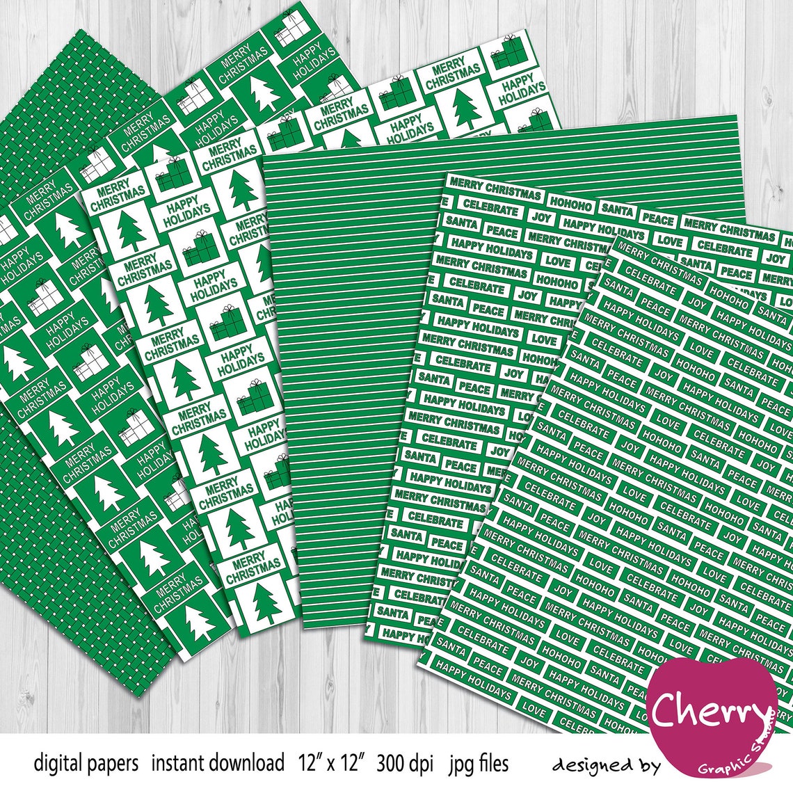 Christmas Digital Paper, Green Christmas Pattern, Green and White ...