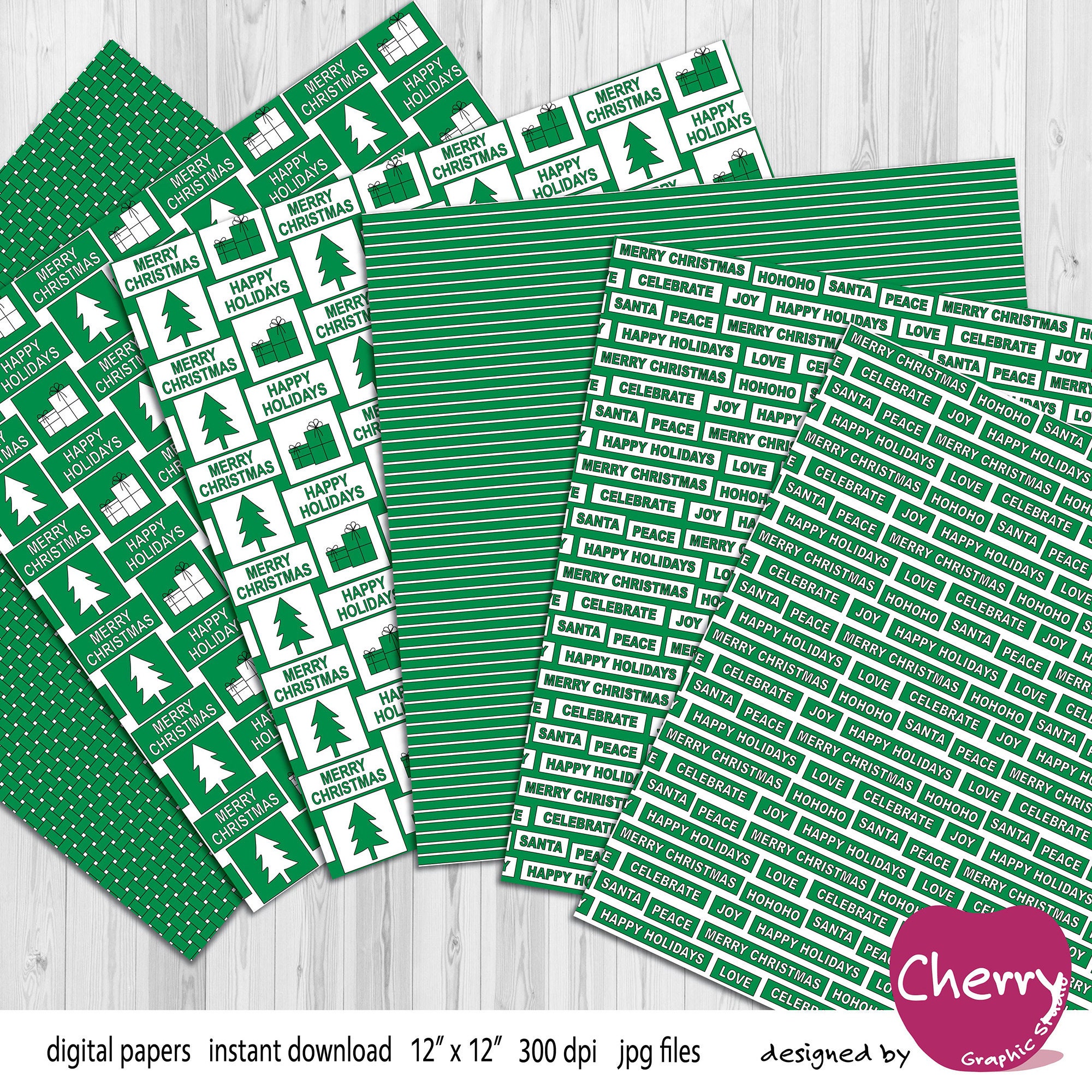 Christmas Digital Paper, Green Christmas Pattern, Green and White ...