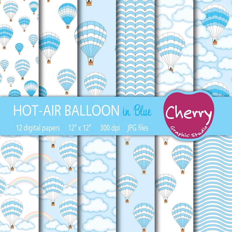 Blue Hot Air Balloon Digital Paper, Hot Air Balloon Pattern, Hot Air ...