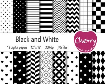 Black and White Digital Paper, Black Stripes, Black Herringbone ...