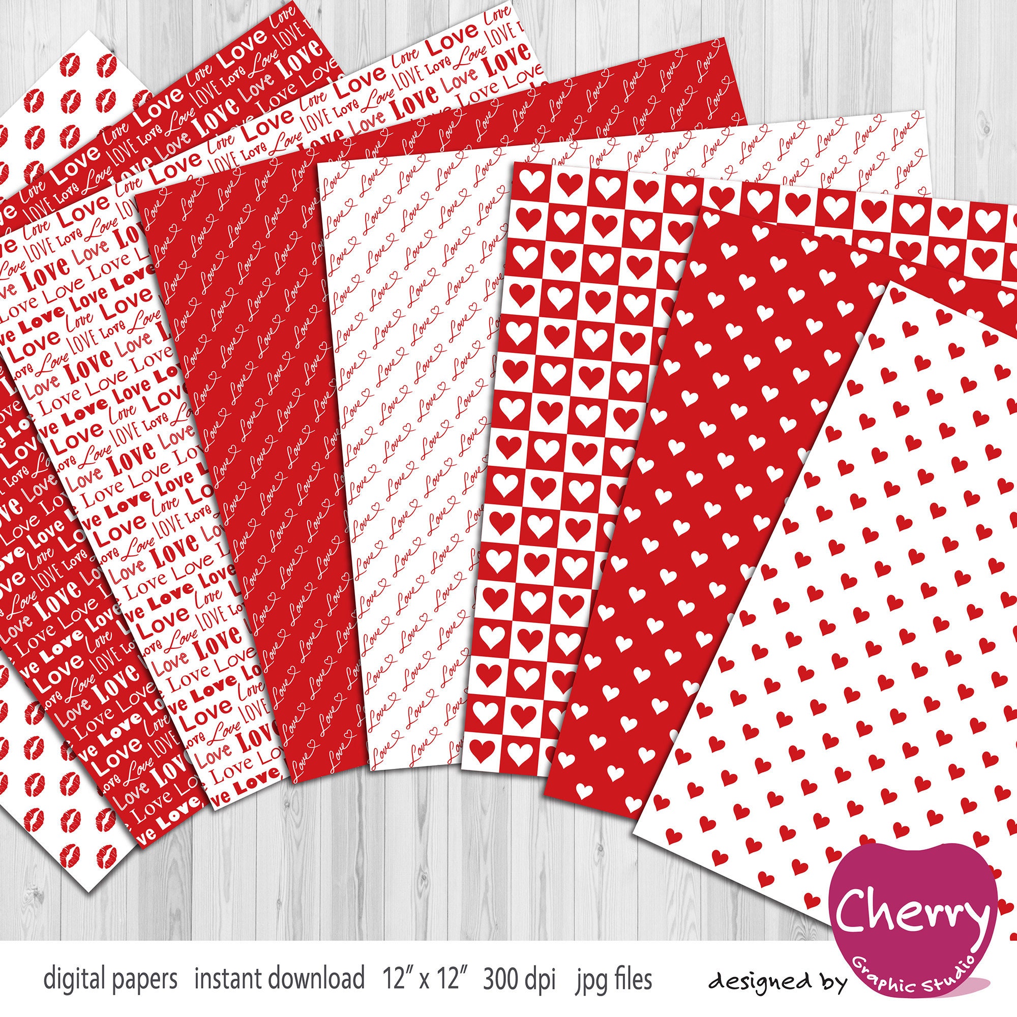 Dark Red Heart Digital Paper, Love Paper Pack, Valentine Scrapbook ...