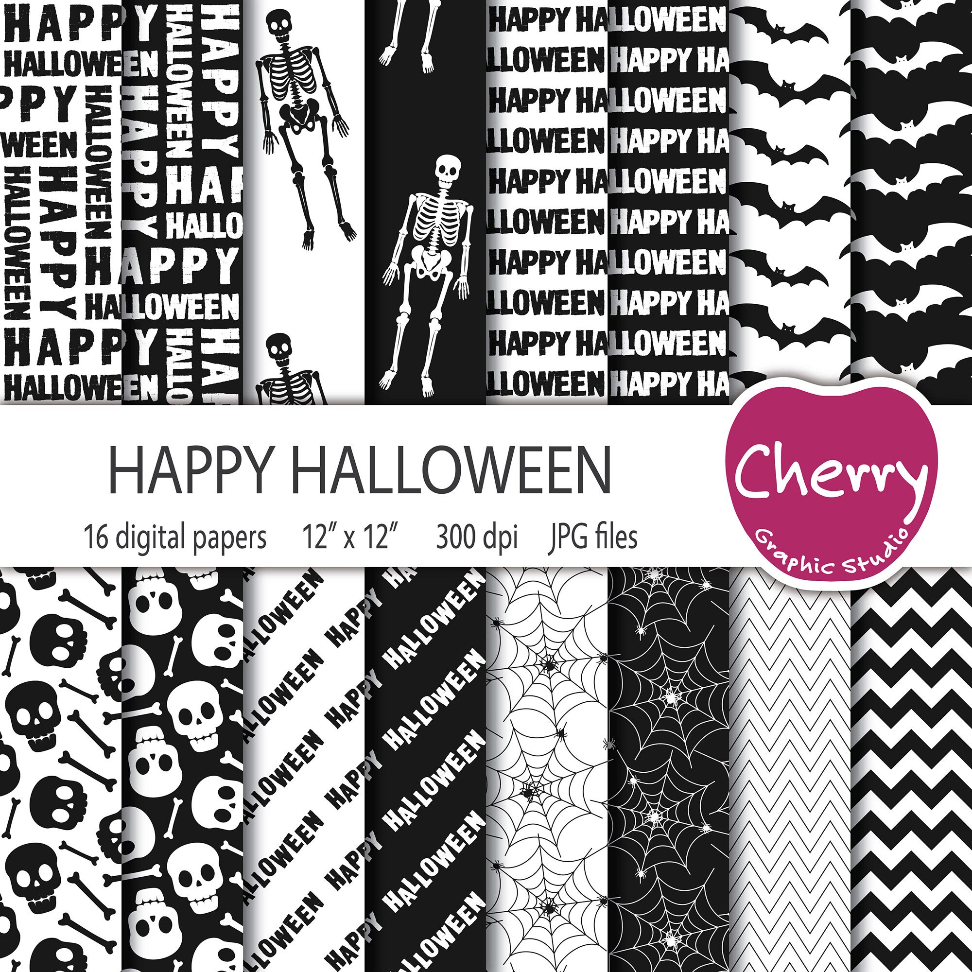 Happy Halloween Digital Paper, Black and White Halloween Digital Paper ...