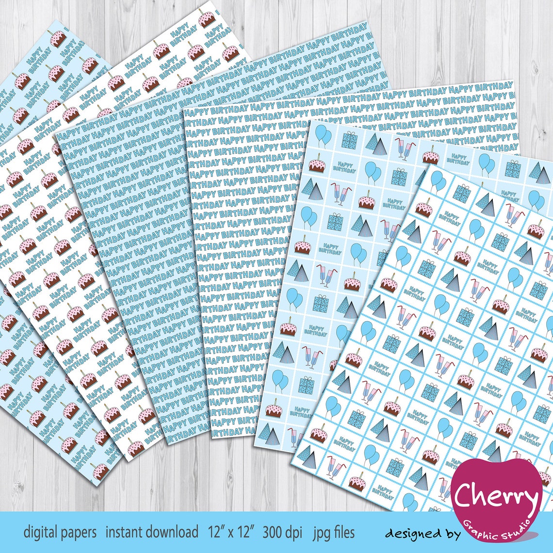 Blue Happy Birthday Digital Paper Pack, Scrapbook Paper, Seamless ...