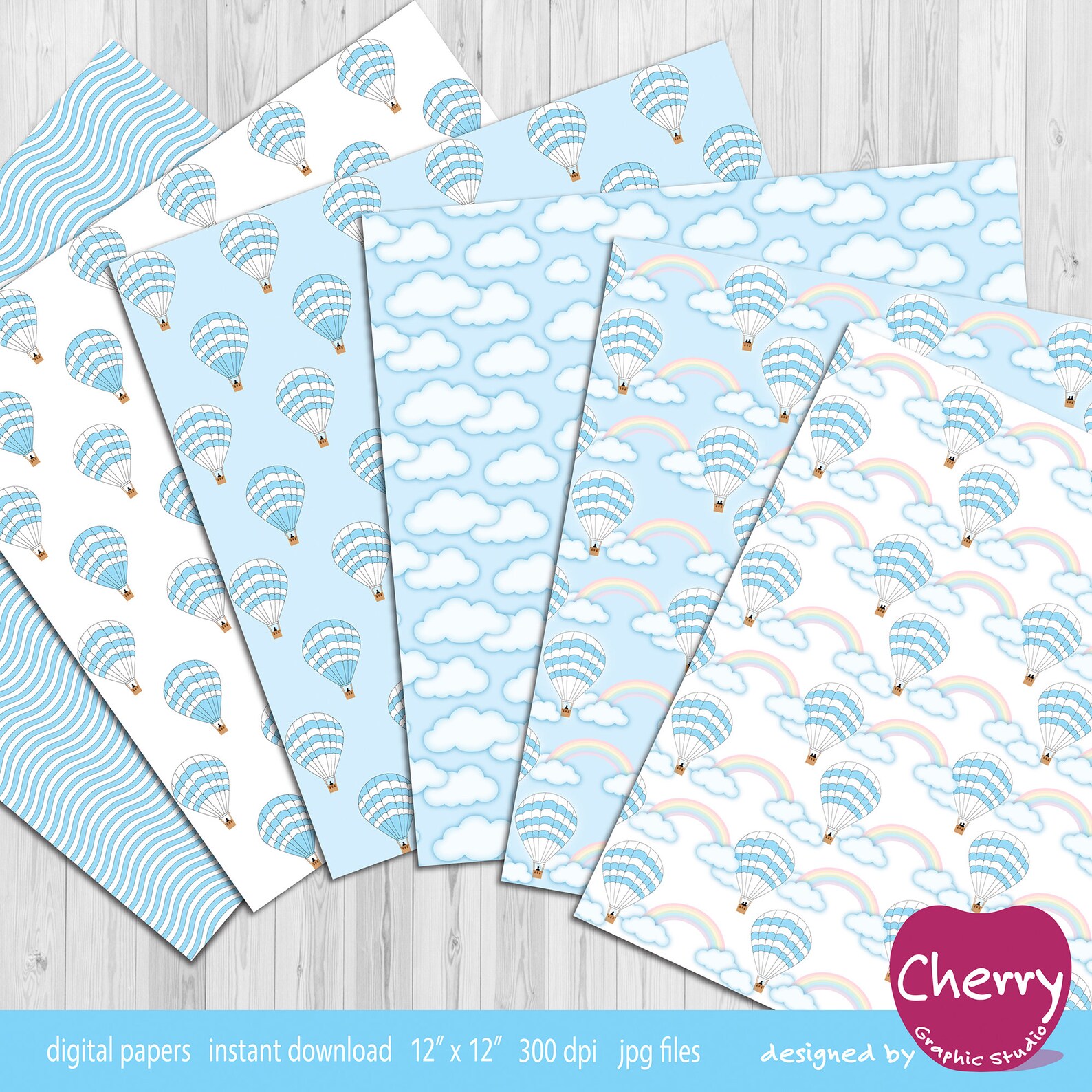 Blue Hot Air Balloon Digital Paper, Hot Air Balloon Pattern, Hot Air ...
