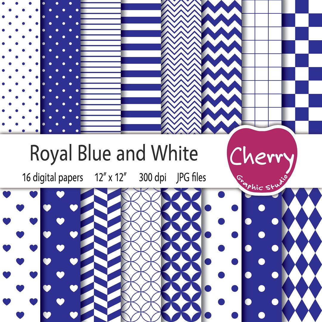 Royal Blue and White Digital Paper, Royal Blue Pattern, Blue Paper Pack ...